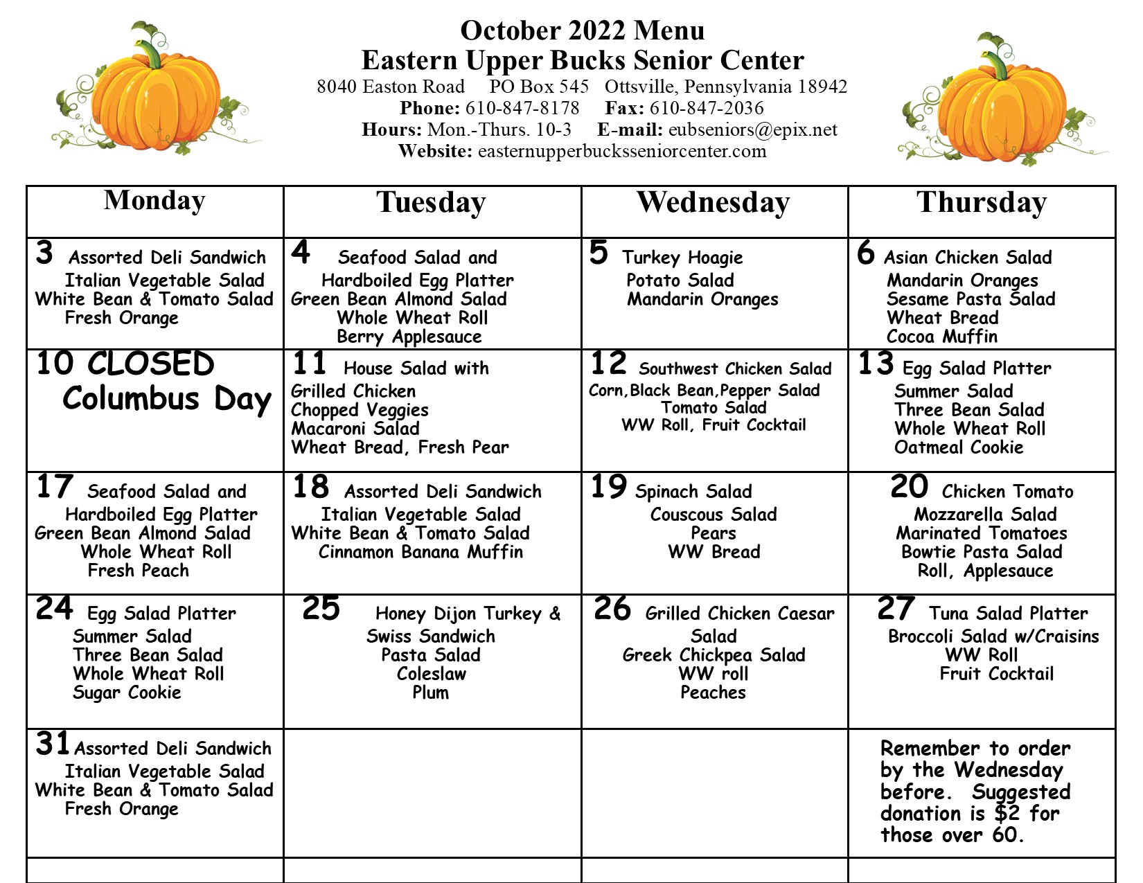 October 2022 Menu