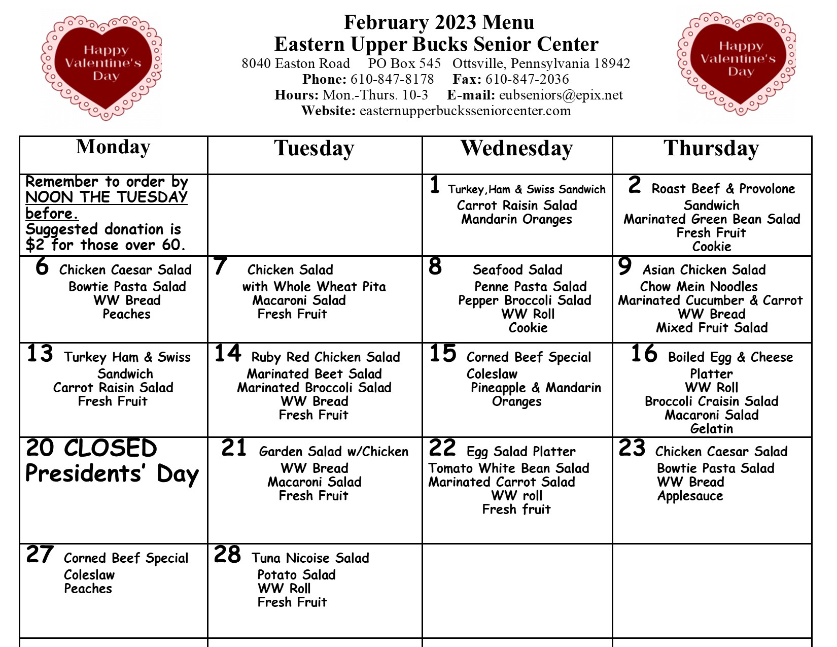 February 2023 Menu