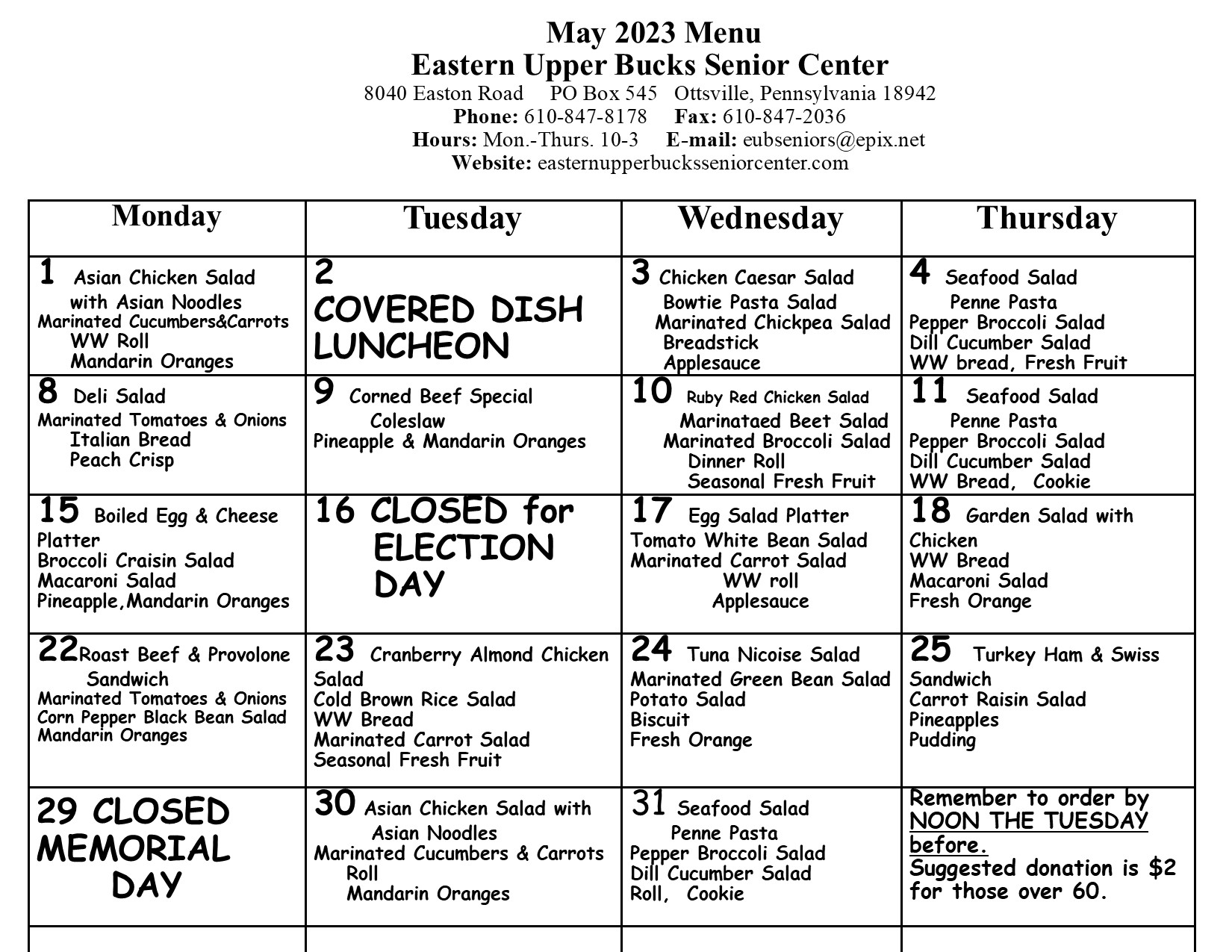 May 2023 Menu