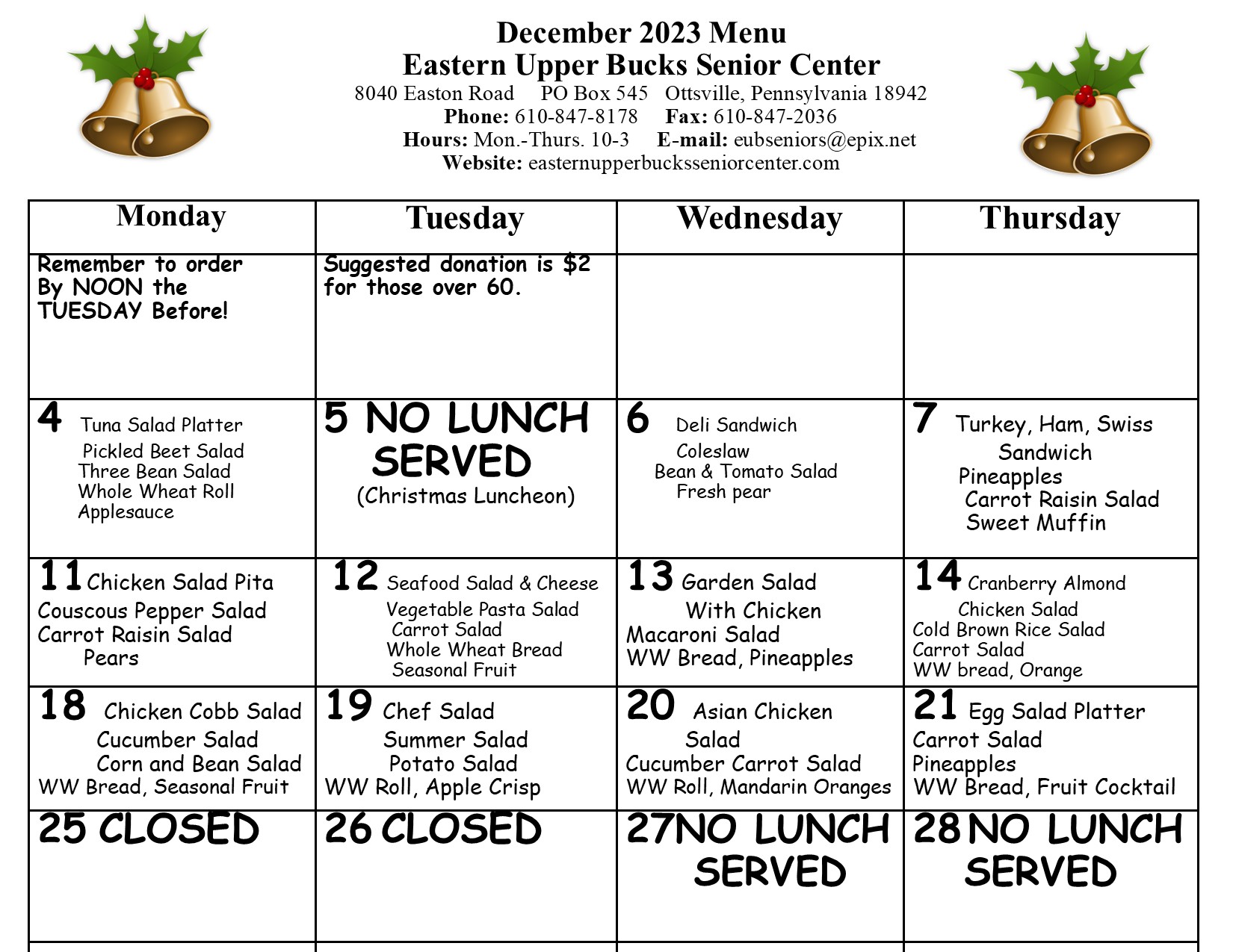 December 2023 Menu